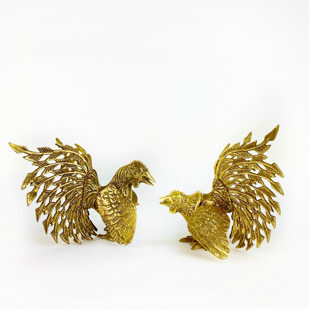 A Pair of Vintage Fighting Brass Rooster Figurines I Two Brass Hens ...