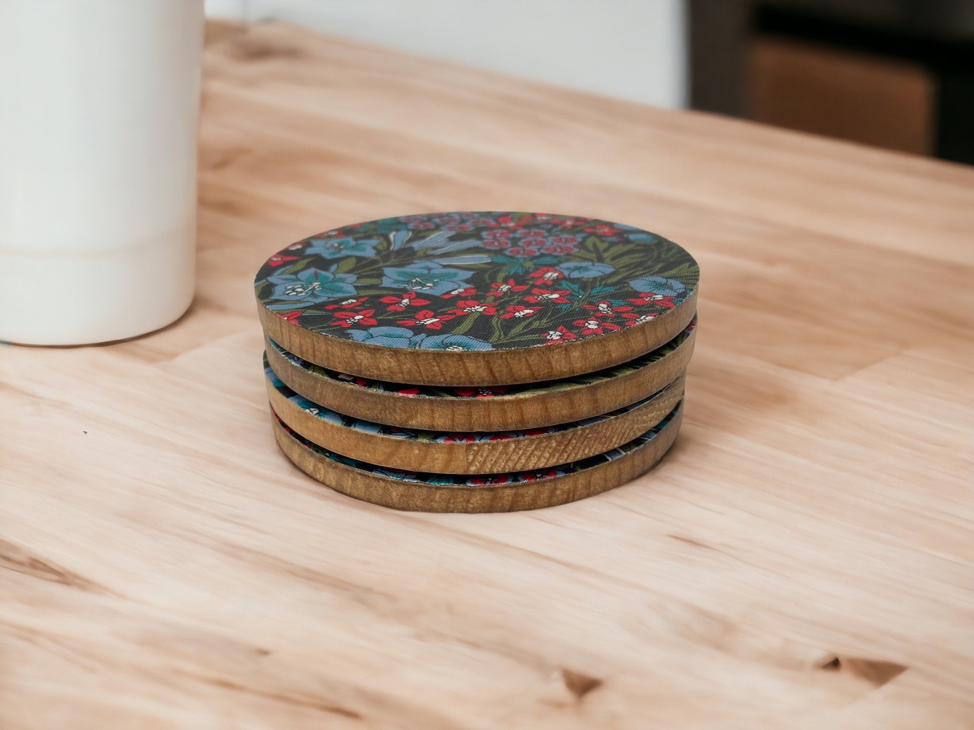 Set of 4 Round Wooden Decoupaged Drinks Coaster Set Fabric Blue and Red ...