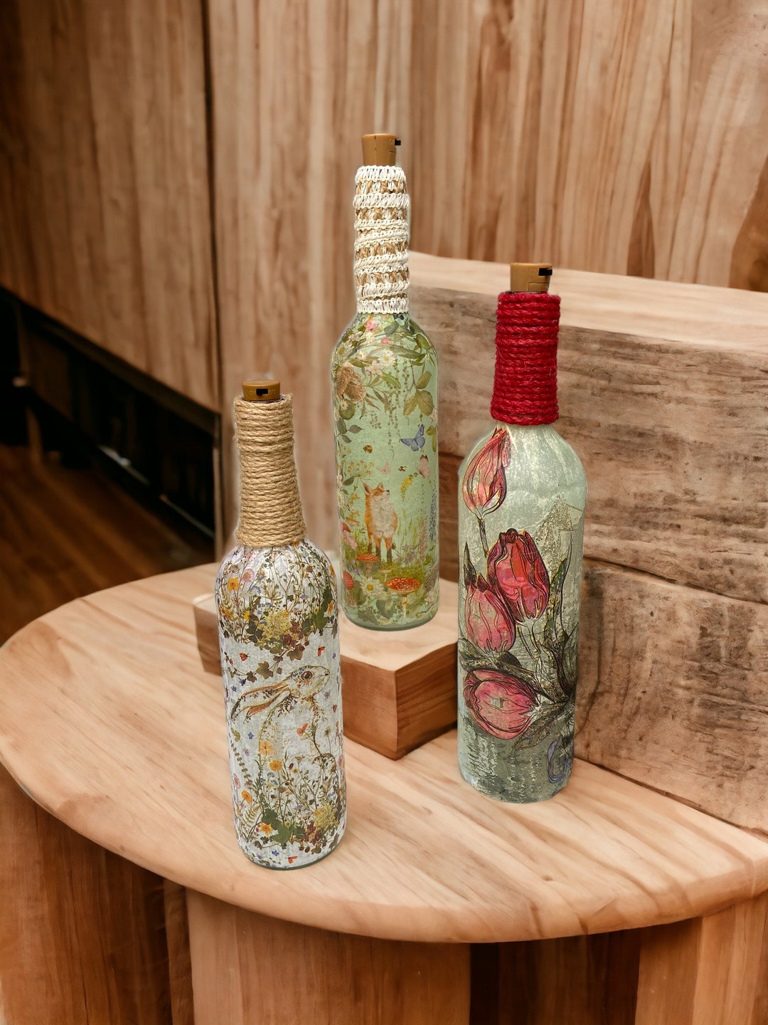 Decoupage Wine Bottle Lamp: Fox, Rabbit, Floral Spring Decor - Etsy