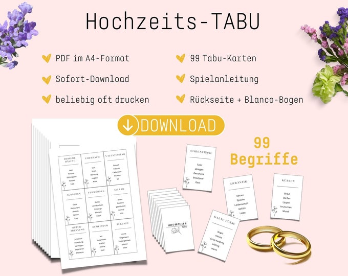Hochzeits Tabu zum Download und Ausdrucken mit 99 Begriffen für JGA ...