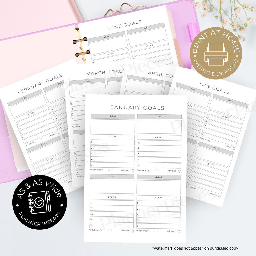 Monthly Goals Planner Printable: A5, A5 Wide Inserts (digital Download ...