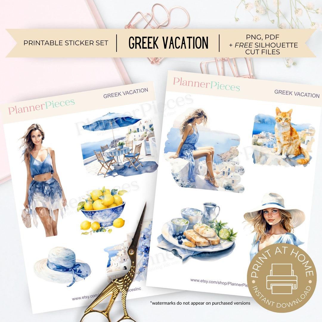 Greece Santorini Stickers: Greek Vacation Planner Stickers (PNG, PDF ...