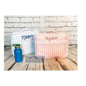 Monogrammed Gingham Nylon Lunch Box Ruffle Pink or Blue, Kids Lunch Box ...