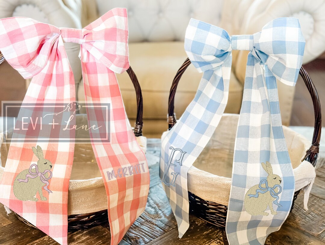 Easter Basket Bow Monogrammed Embroidered Personalized, Pink Blue Buffalo Plaid Basket Bow ...