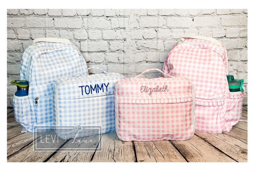Monogrammed Gingham Nylon Lunch Box Ruffle Pink or Blue, Kids Lunch Box ...