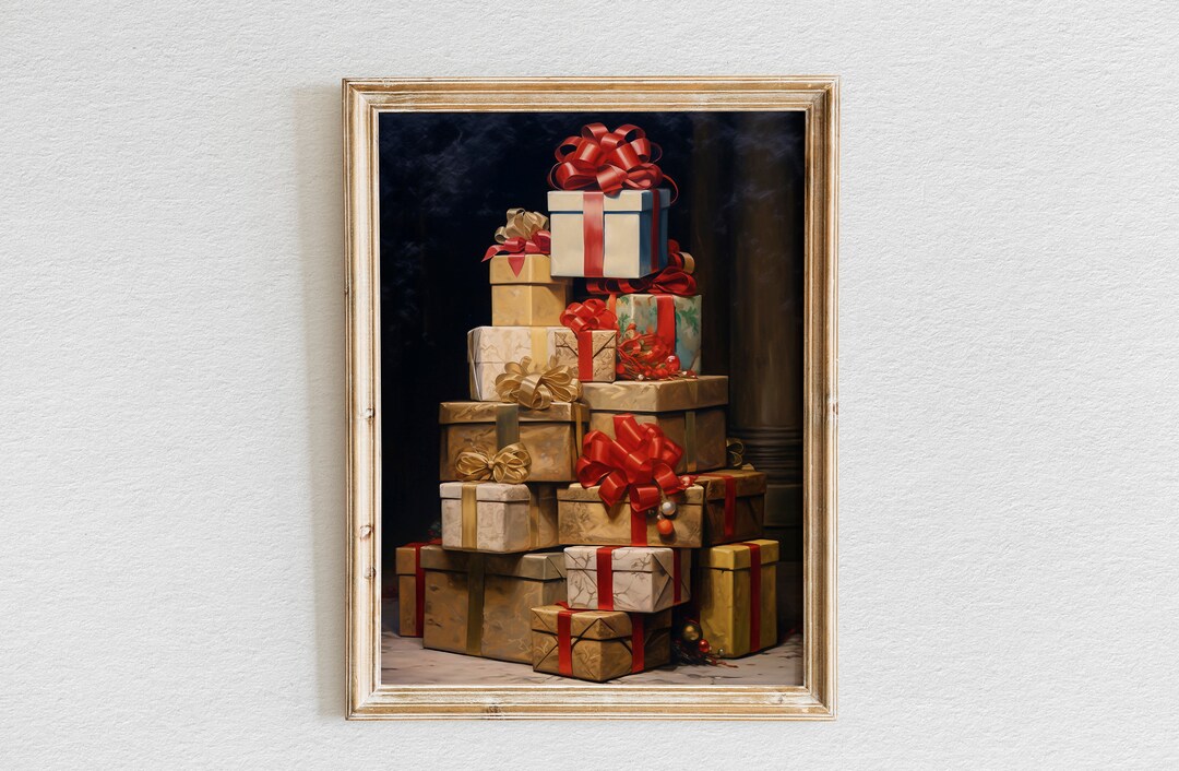 Christmas Gift Stack, Vintage Holiday Wall Art, Printable Christmas ...