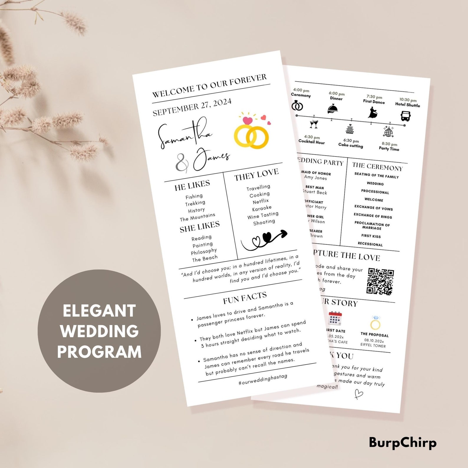 Elegant Program for Welcome Bag and Guest Tables, Wedding Ceremony ...