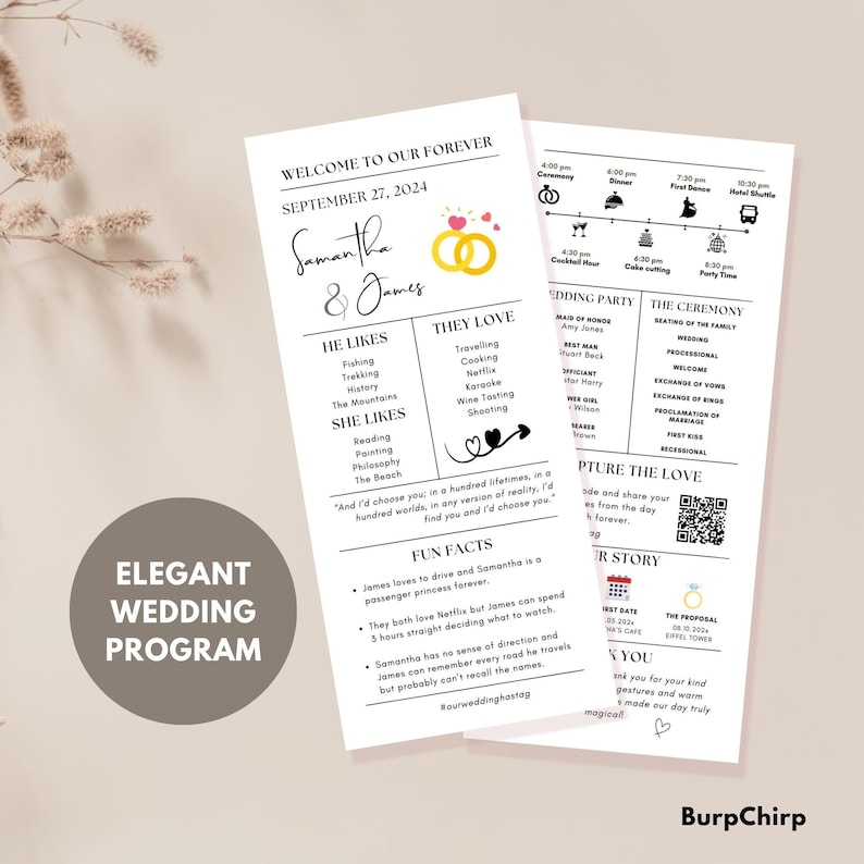 Elegant Program for Welcome Bag and Guest Tables, Wedding Ceremony ...