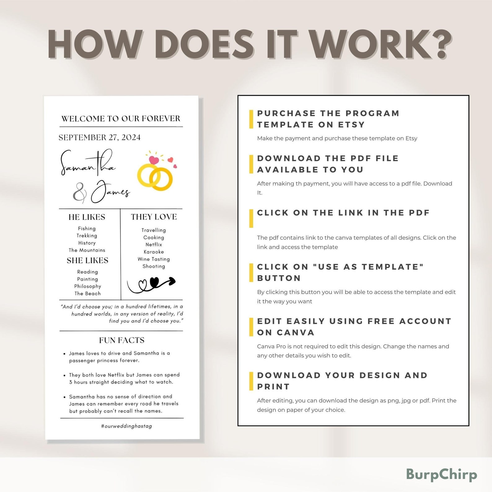 Elegant Program for Welcome Bag and Guest Tables, Wedding Ceremony ...