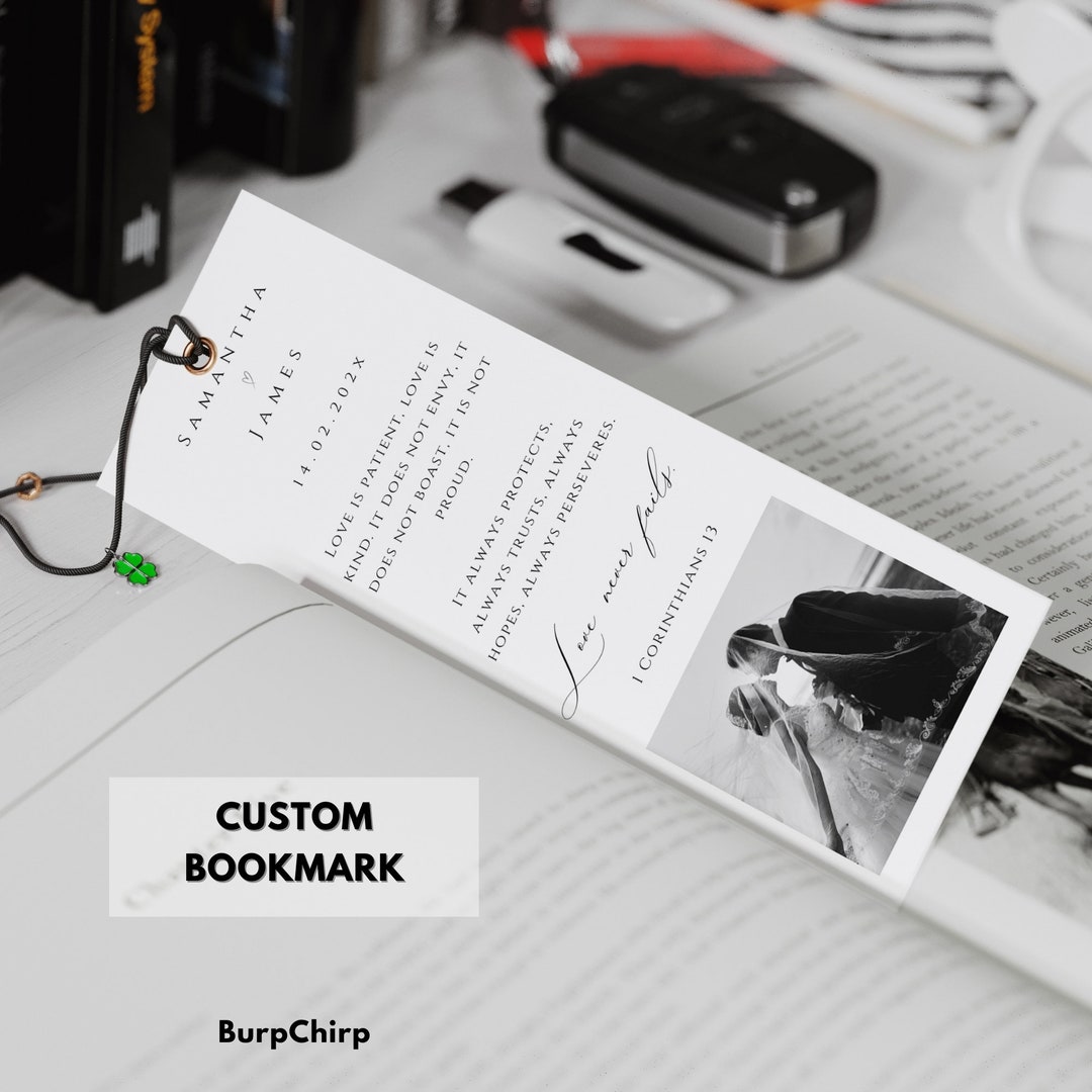 Custom Photo Wedding Favor Bookmark: 1 Corinthians 13 (editable Canva ...