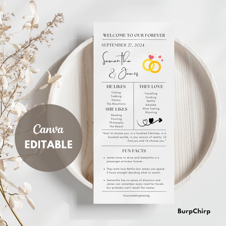 Elegant Program for Welcome Bag and Guest Tables, Wedding Ceremony ...