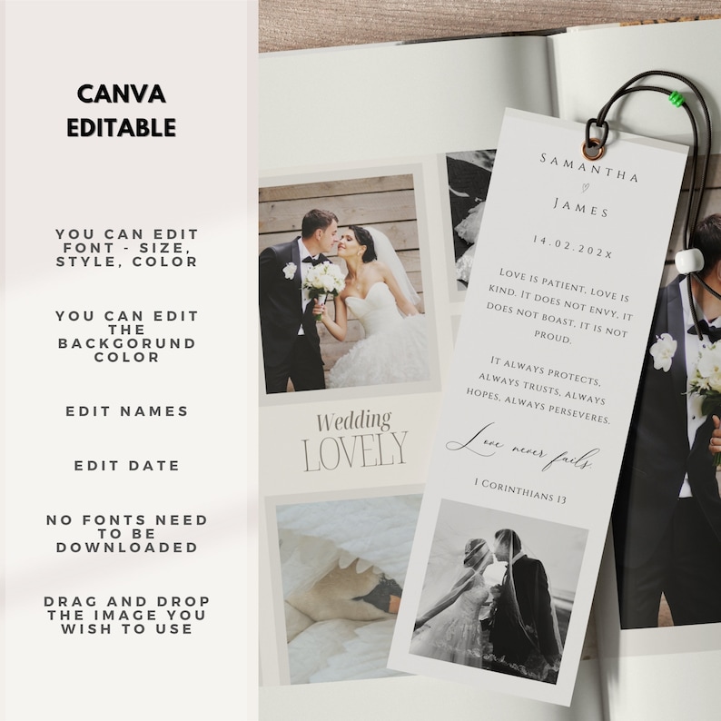 Custom Photo Wedding Favor Bookmark: 1 Corinthians 13 (editable Canva ...