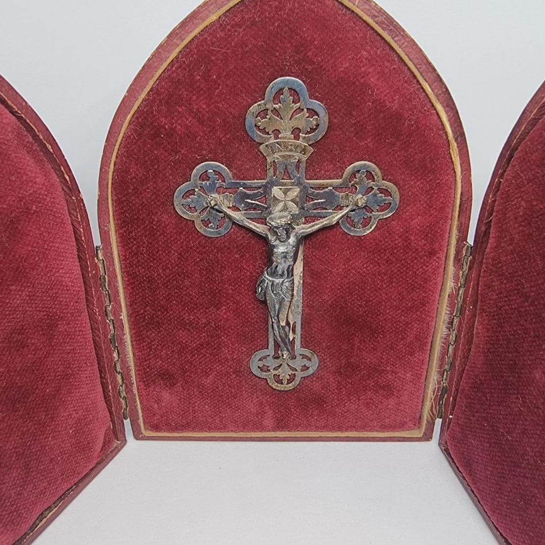 Magnificent Leather Religious Box / Portuguese 833% Silver Cross Jesus ...