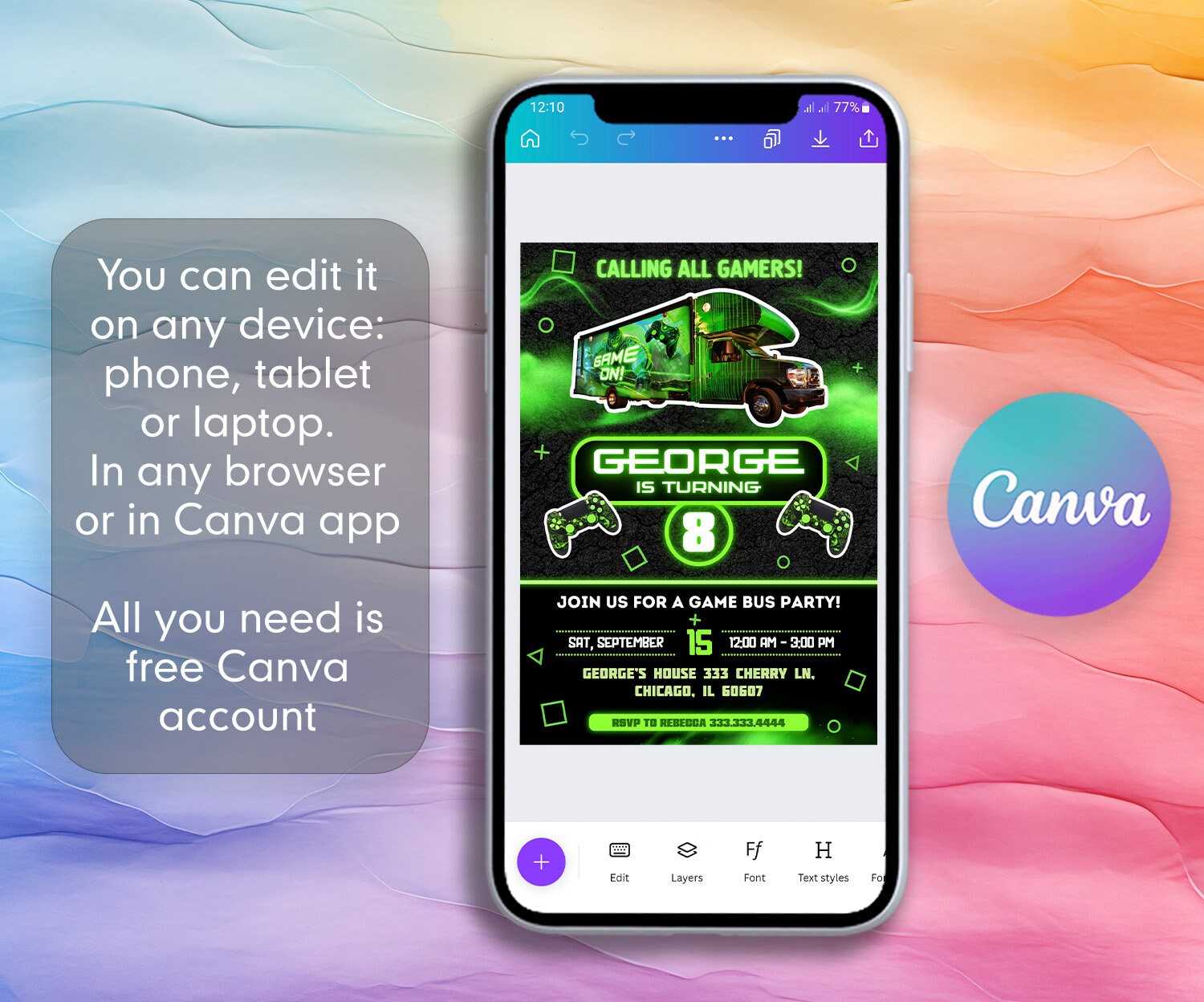 Printable Invitation, Video Game Bus Invite, Gaming Birthday Invitation ...