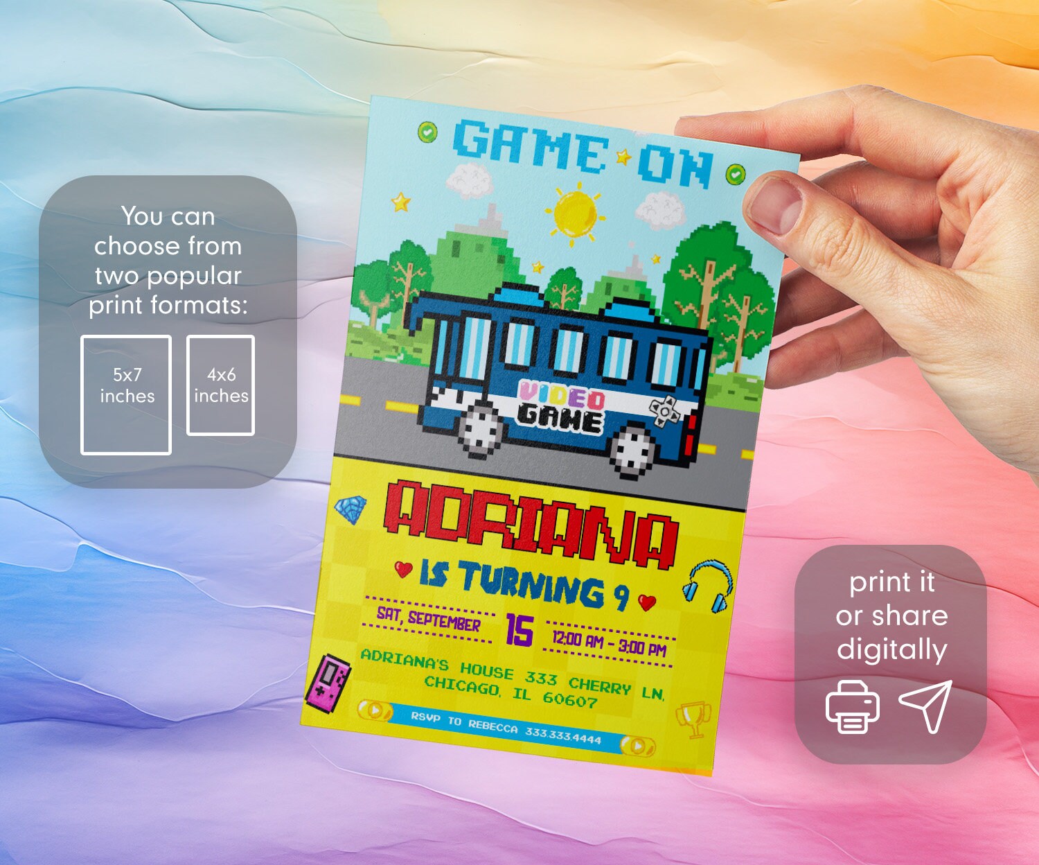 Printable Invitation, Video Game Bus Invite, Gaming Birthday Invitation ...