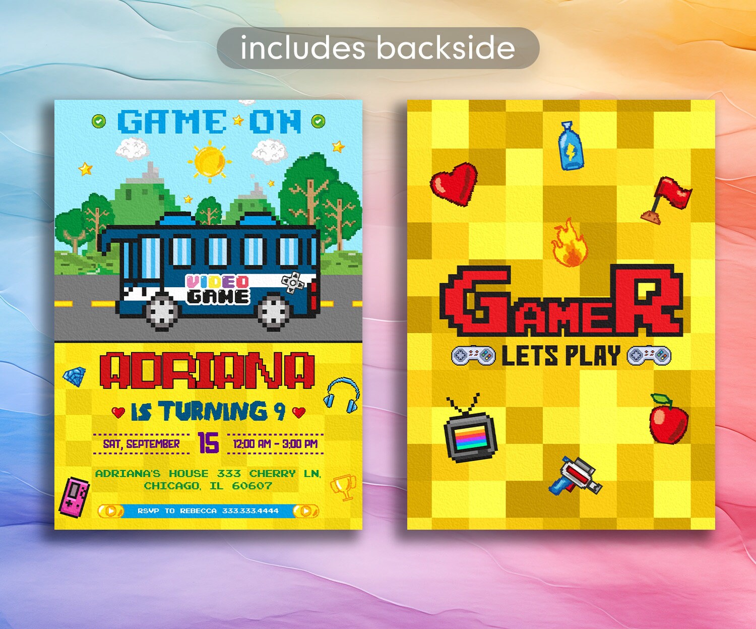 Printable Invitation, Video Game Bus Invite, Gaming Birthday Invitation ...
