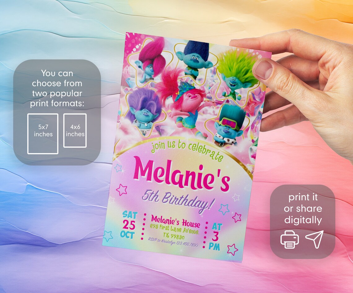 Editable Trolls Invite, Printable Birthday Invitation, Girl Birthday ...