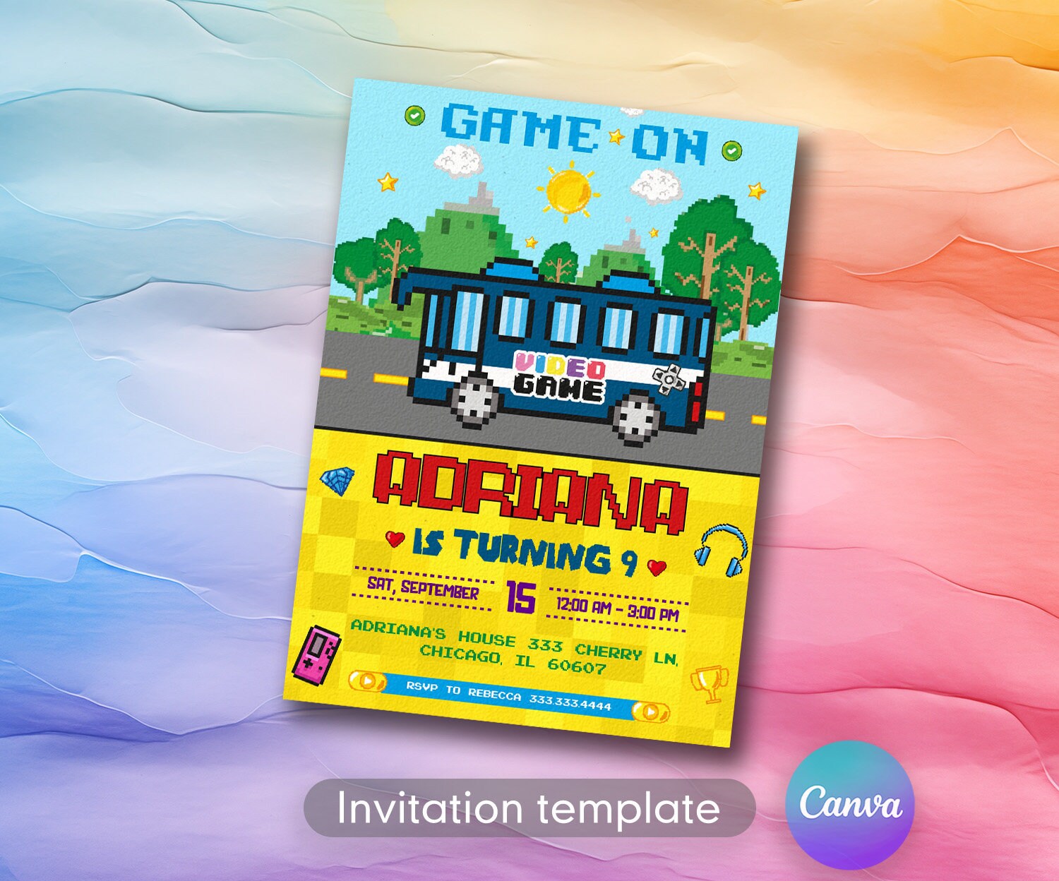 Printable Invitation, Video Game Bus Invite, Gaming Birthday Invitation ...