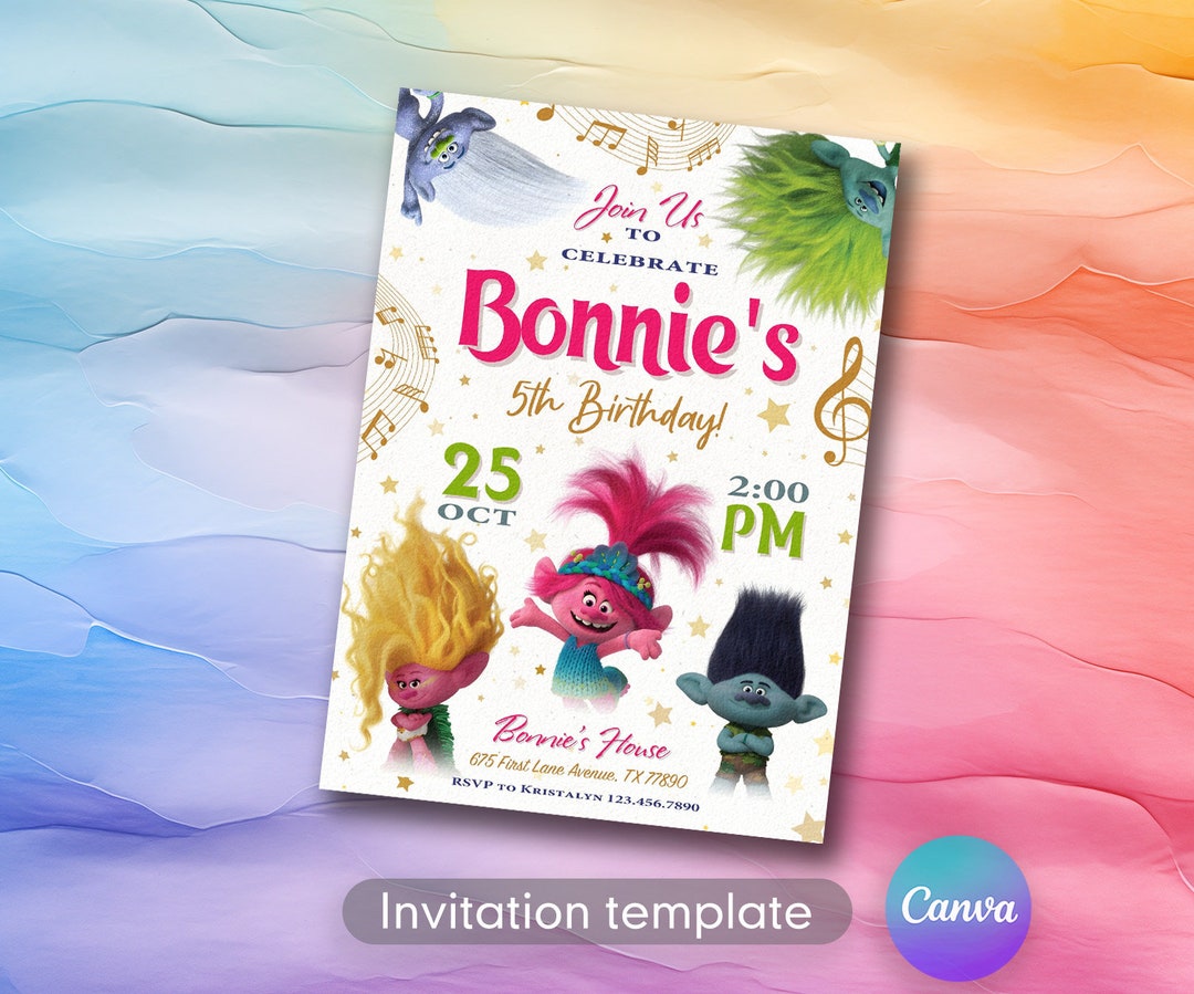 Editable Trolls Invite, Printable Birthday Invitation, Girl Birthday ...