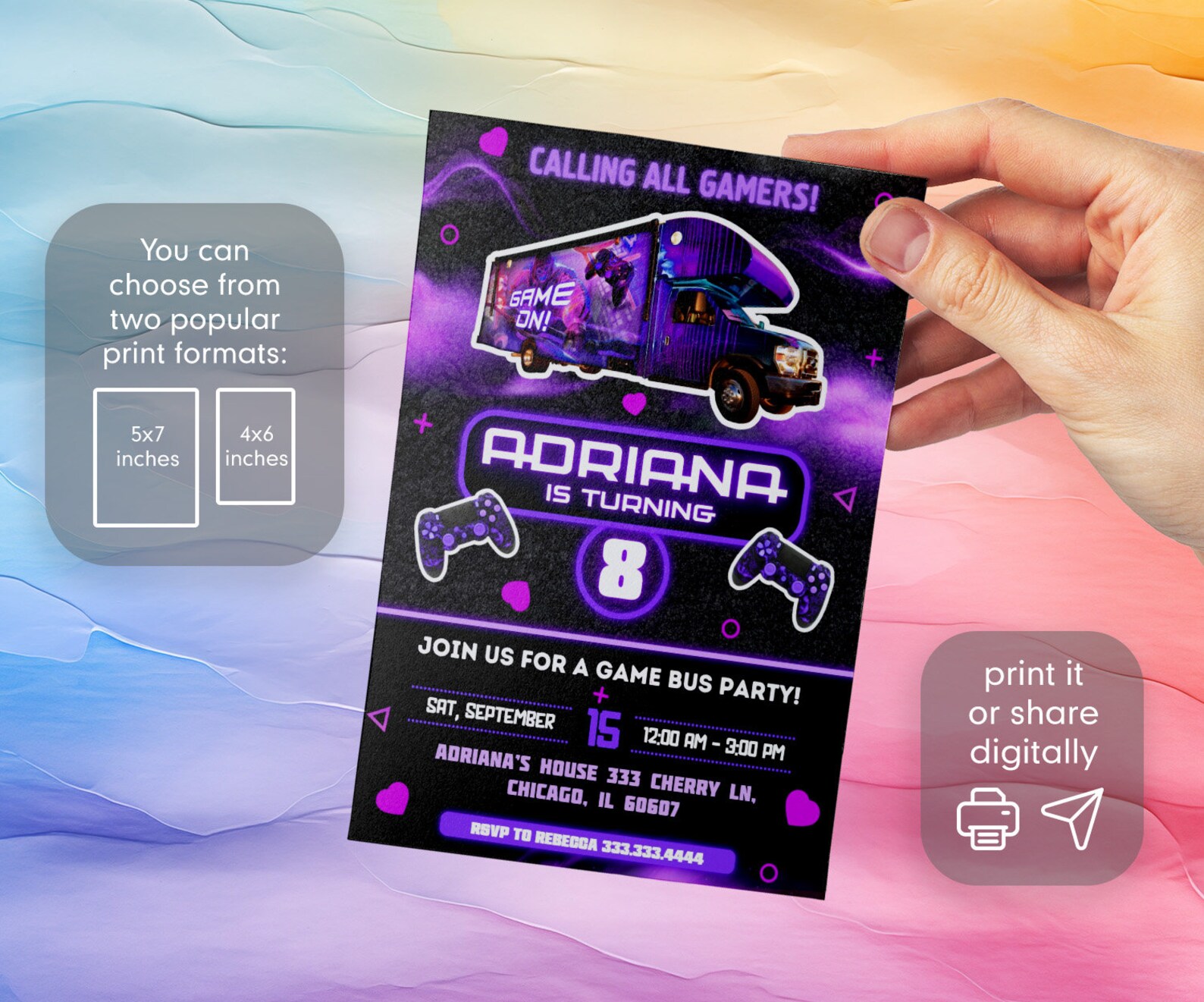 Printable Invitation, Video Game Bus Invite, Gaming Birthday Invitation ...