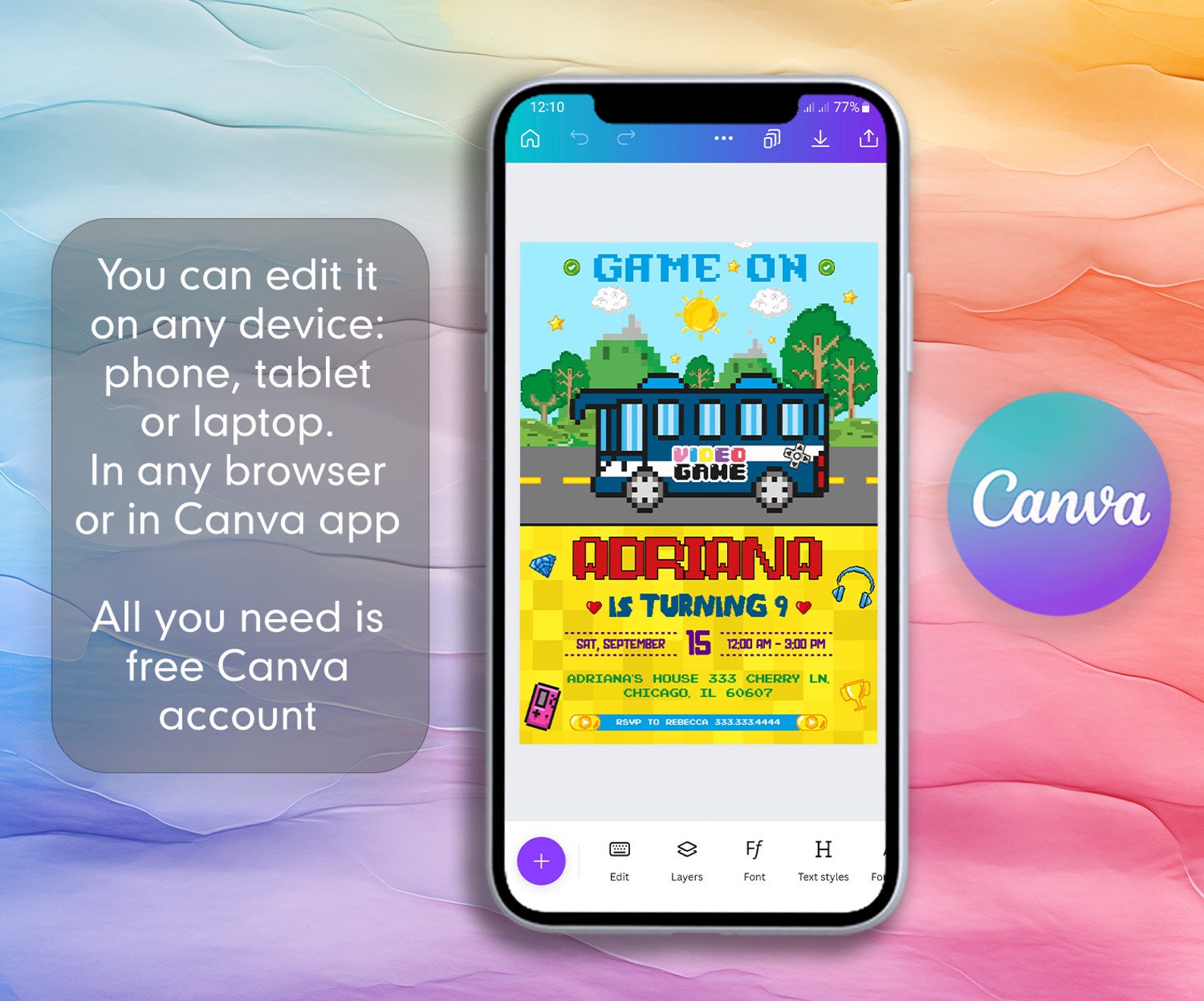 Printable Invitation, Video Game Bus Invite, Gaming Birthday Invitation ...