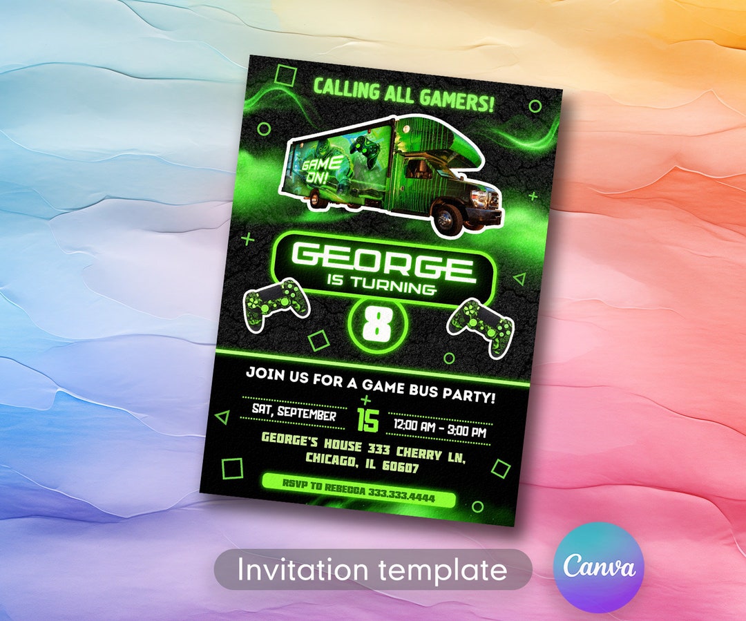 Printable Invitation, Video Game Bus Invite, Gaming Birthday Invitation ...