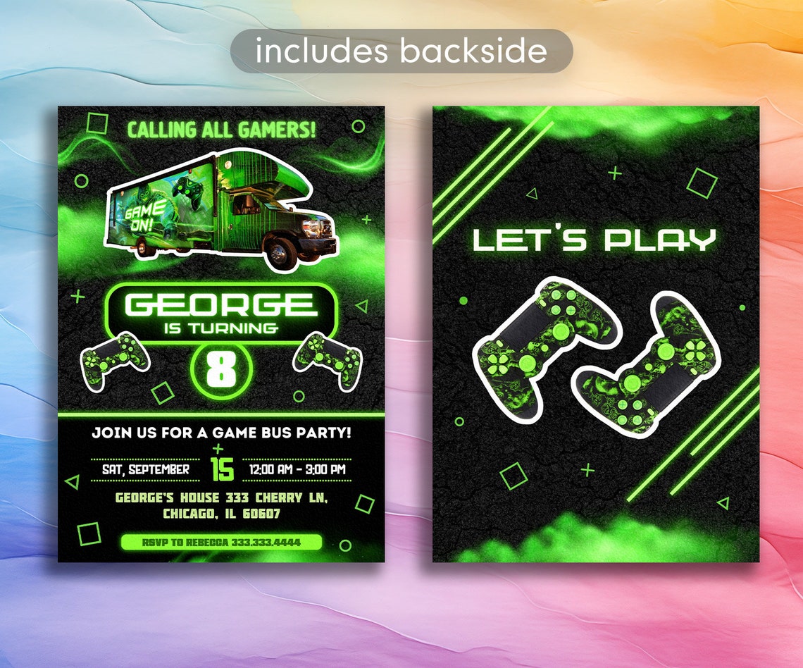 Printable Invitation, Video Game Bus Invite, Gaming Birthday Invitation ...