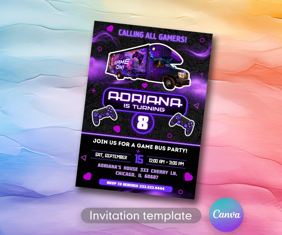 Printable Invitation, Video Game Bus Invite, Gaming Birthday Invitation ...