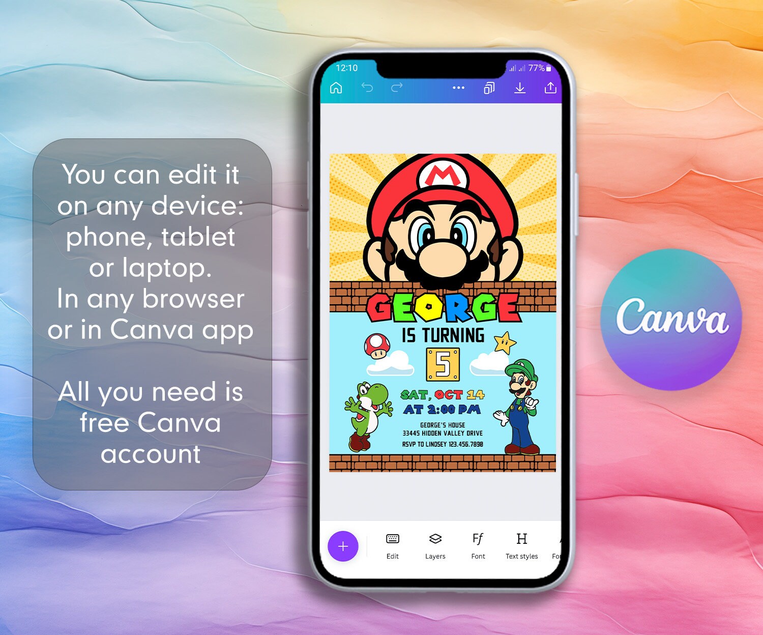 Printable Super Mario Invitation, Birthday Invite Boy Girl, Mario Bros ...