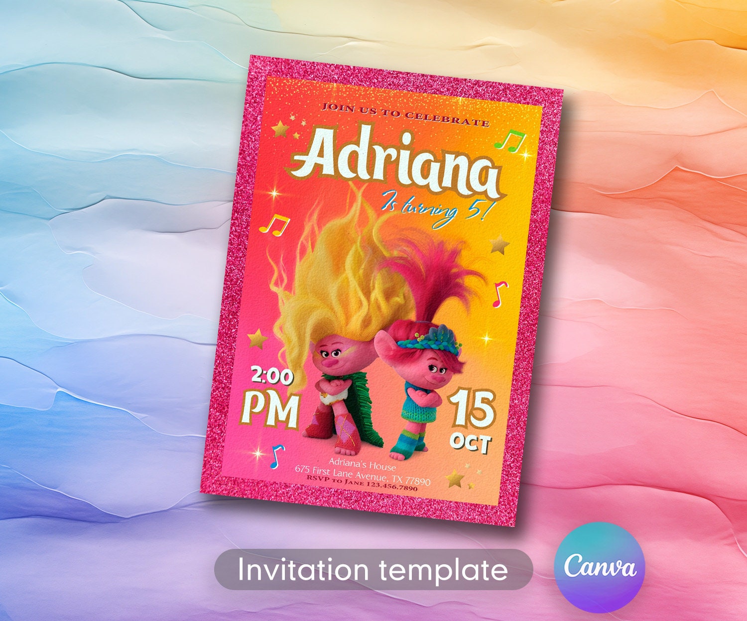 Editable Trolls Invite, Printable Birthday Invitation, Girl Birthday ...