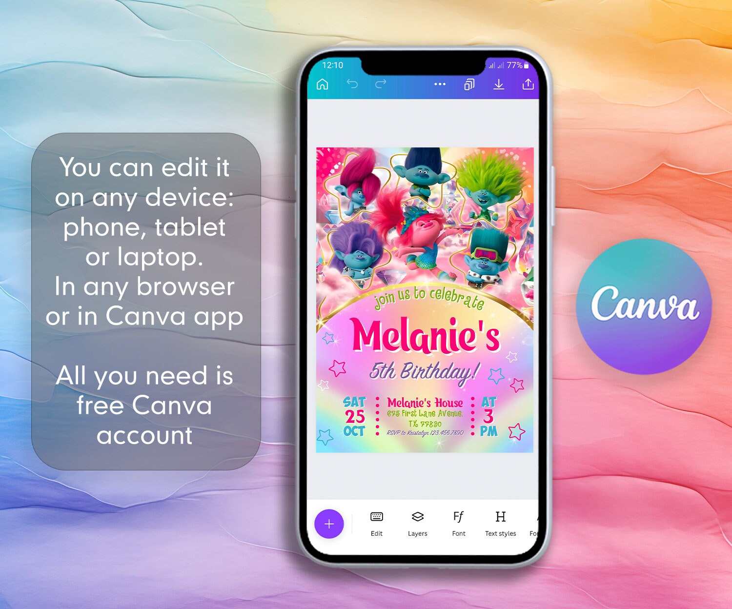 Editable Trolls Invite, Printable Birthday Invitation, Girl Birthday ...