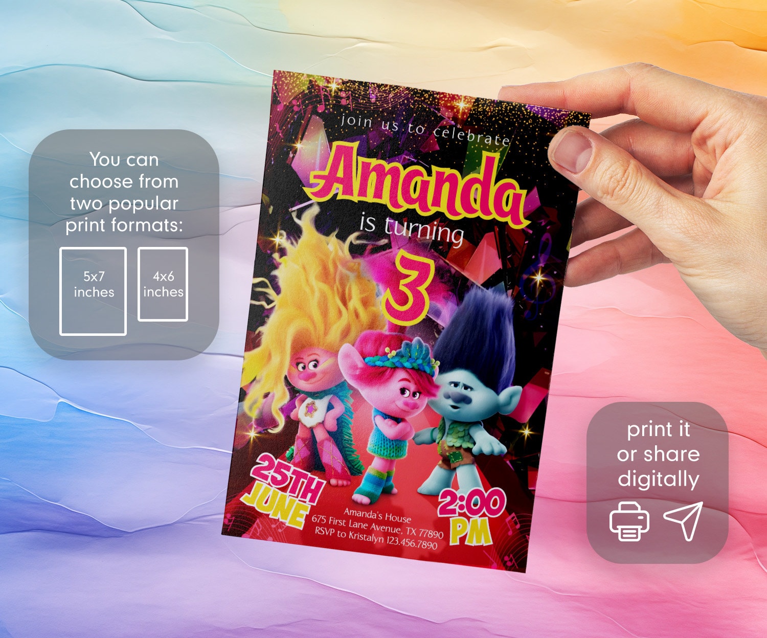 Editable Trolls Invite, Printable Birthday Invitation, Girl Birthday ...