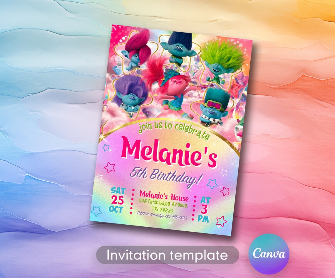 Editable Trolls Invite, Printable Birthday Invitation, Girl Birthday ...