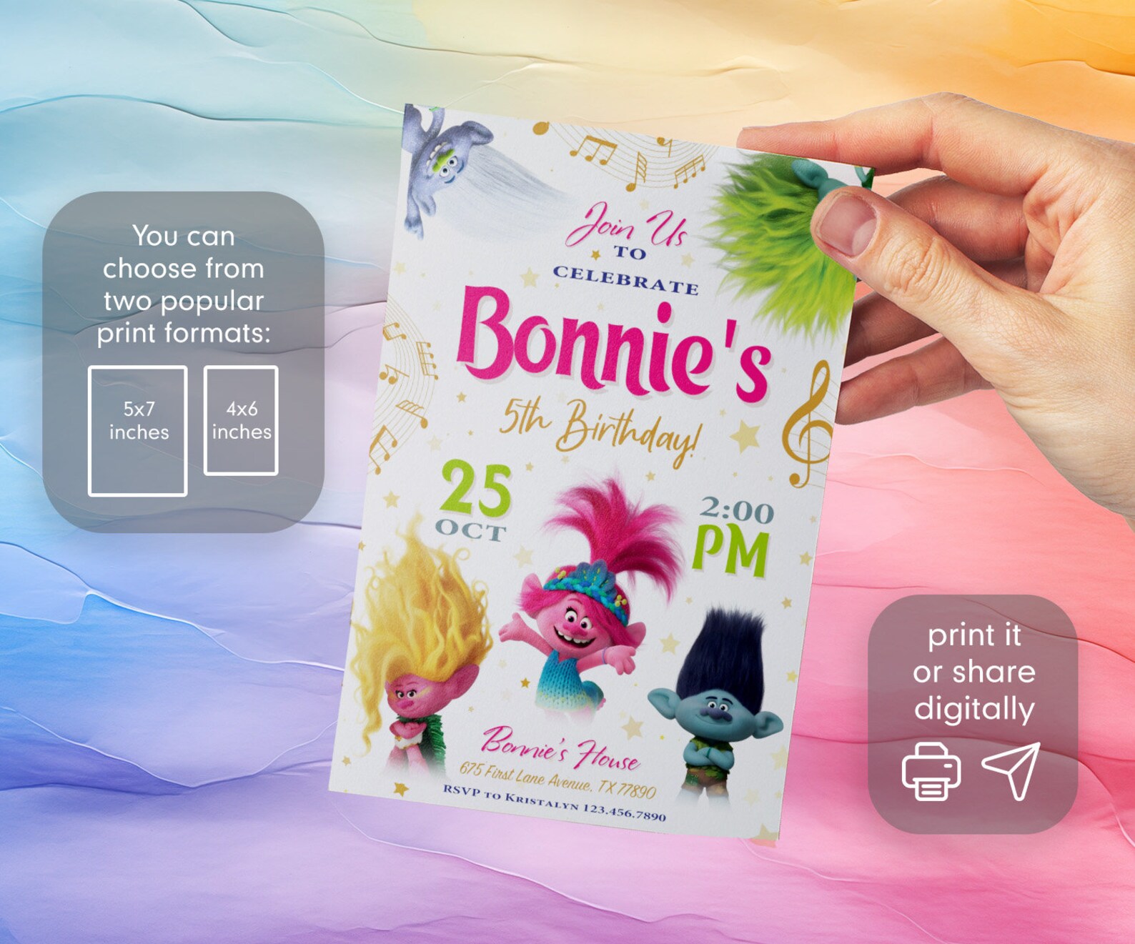 Editable Trolls Invite, Printable Birthday Invitation, Girl Birthday ...