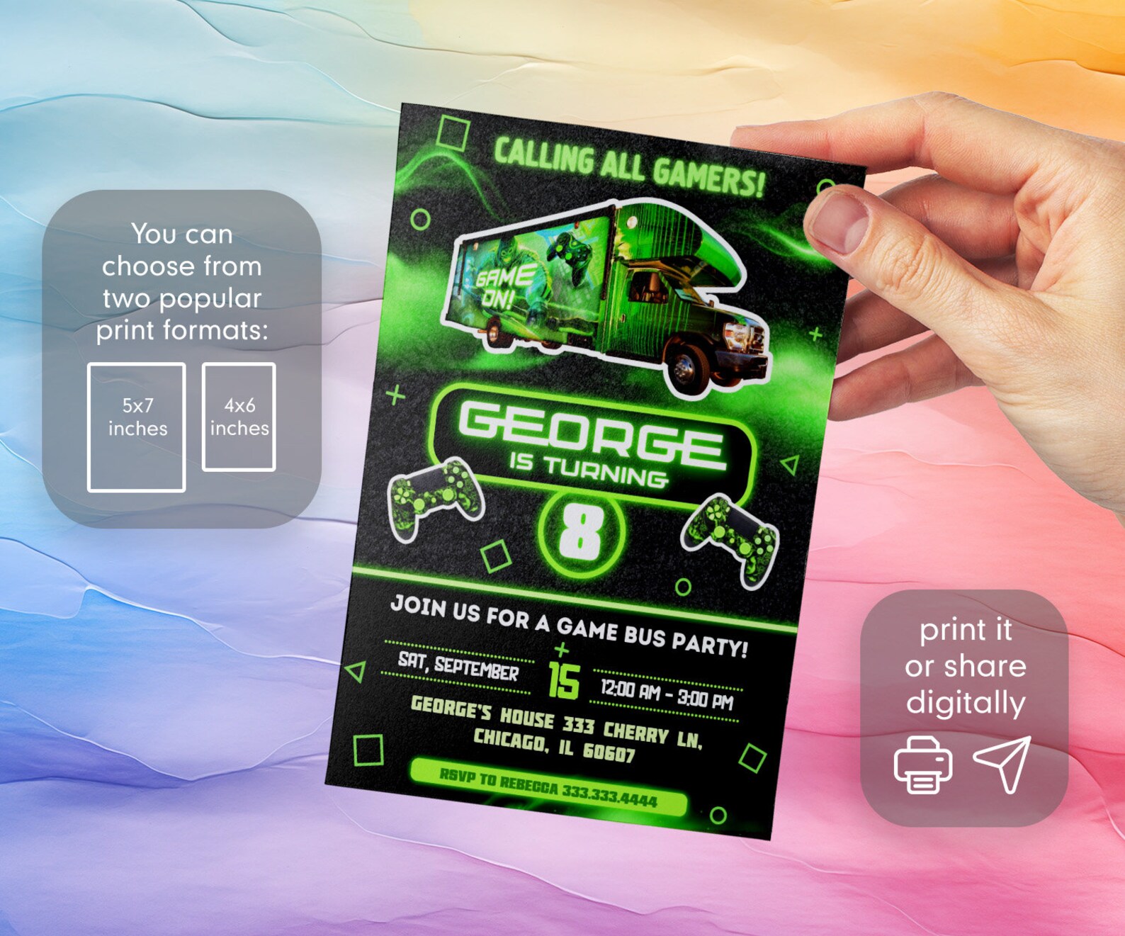 Printable Invitation, Video Game Bus Invite, Gaming Birthday Invitation ...