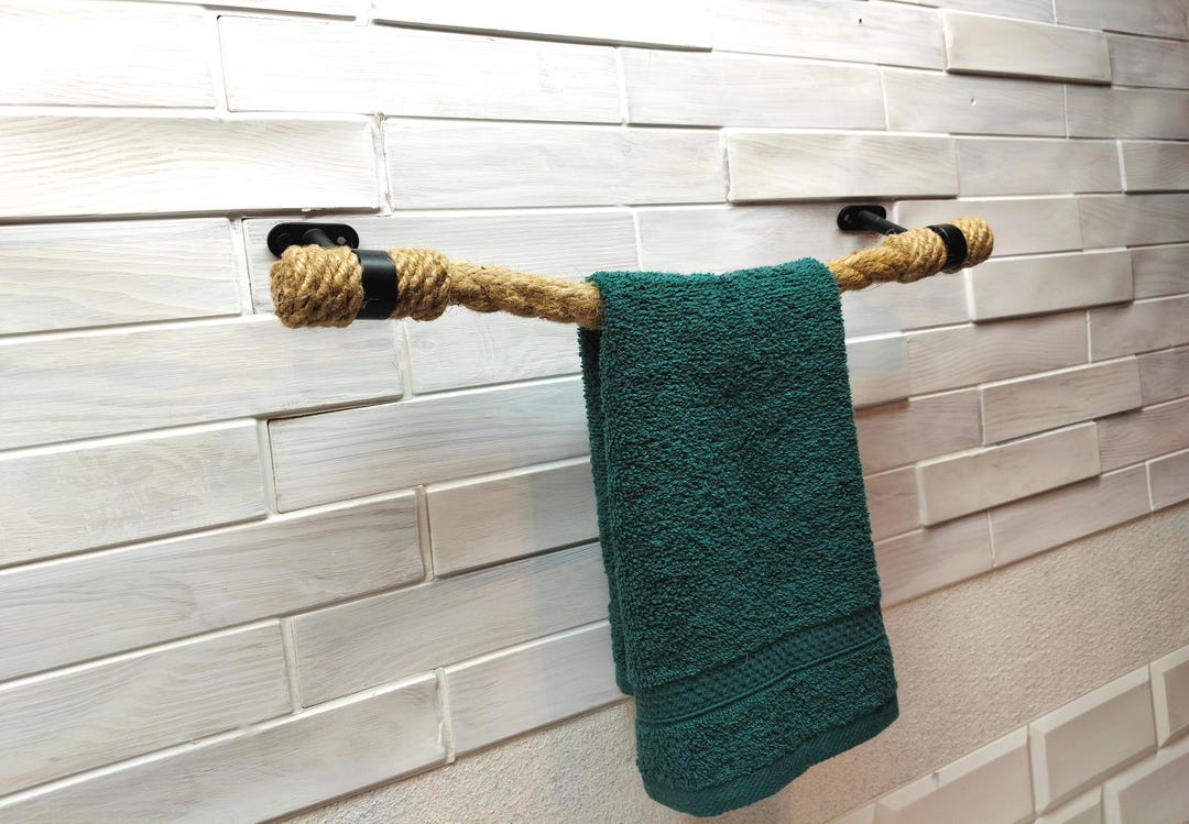 Towel Holder - Jute Rope - Black Fittings - Bathroom Decor - Kitchen ...