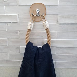 Rustic Jute Rope Towel Holder With White Wrap and Wooden Slice ...