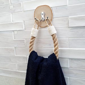 Rustic Jute Rope Towel Holder With White Wrap and Wooden Slice ...