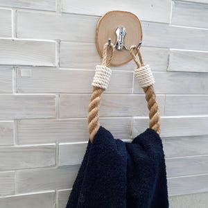 Rustic Jute Rope Towel Holder With White Wrap and Wooden Slice ...