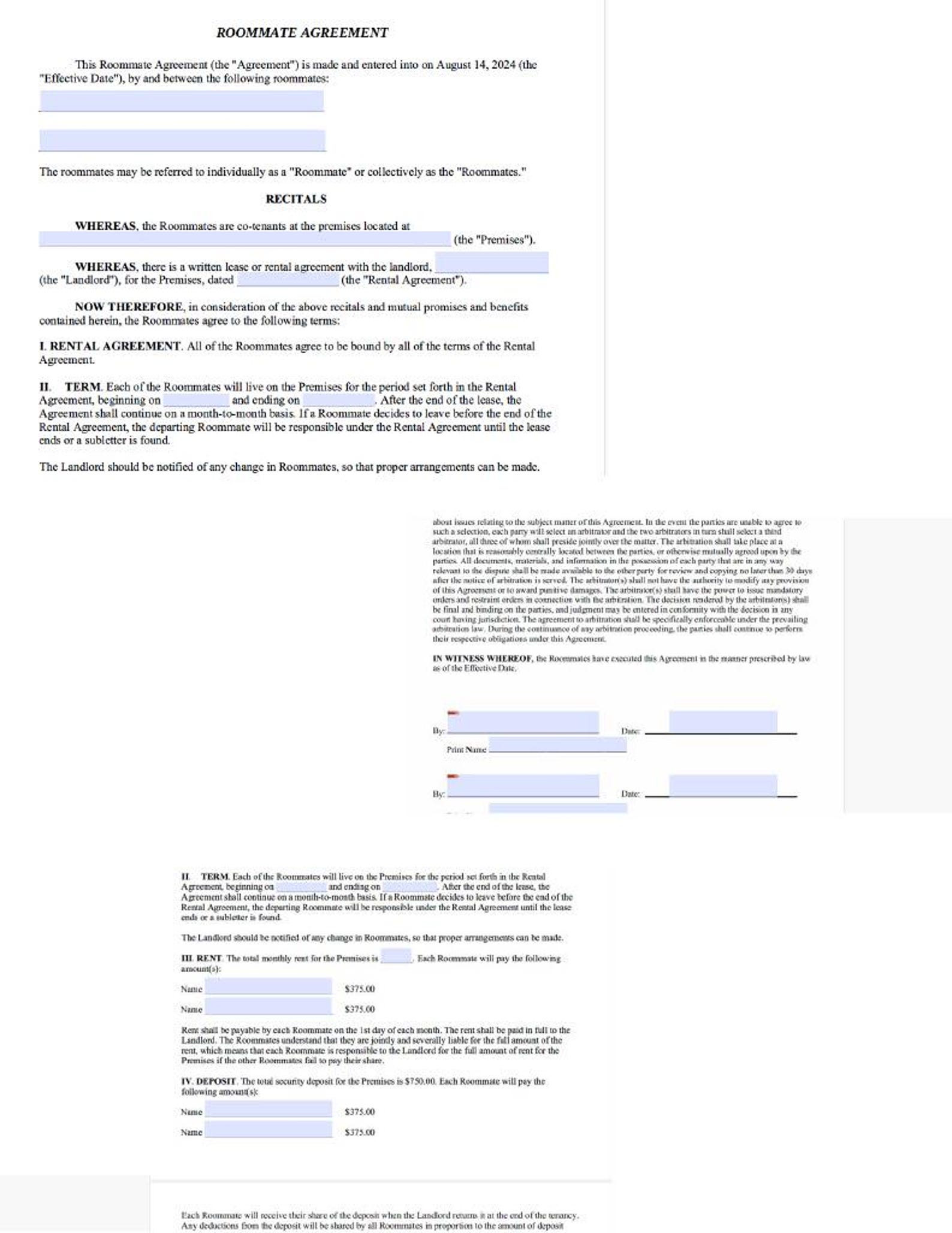 Roommate Agreement Form - Digital Download PDF - Etsy