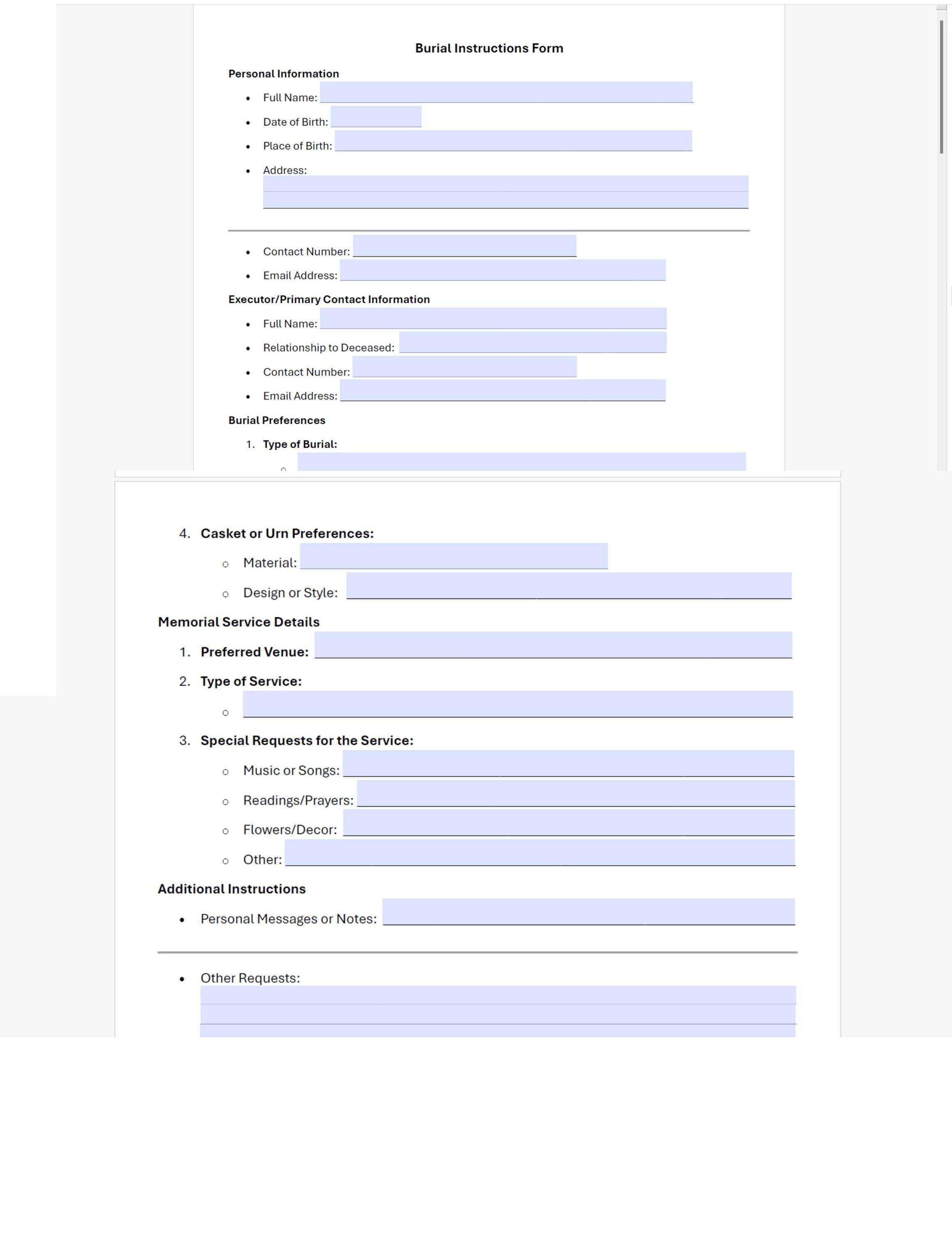 Burial Instructions Form - Digital Download PDF - 2 Page - Etsy
