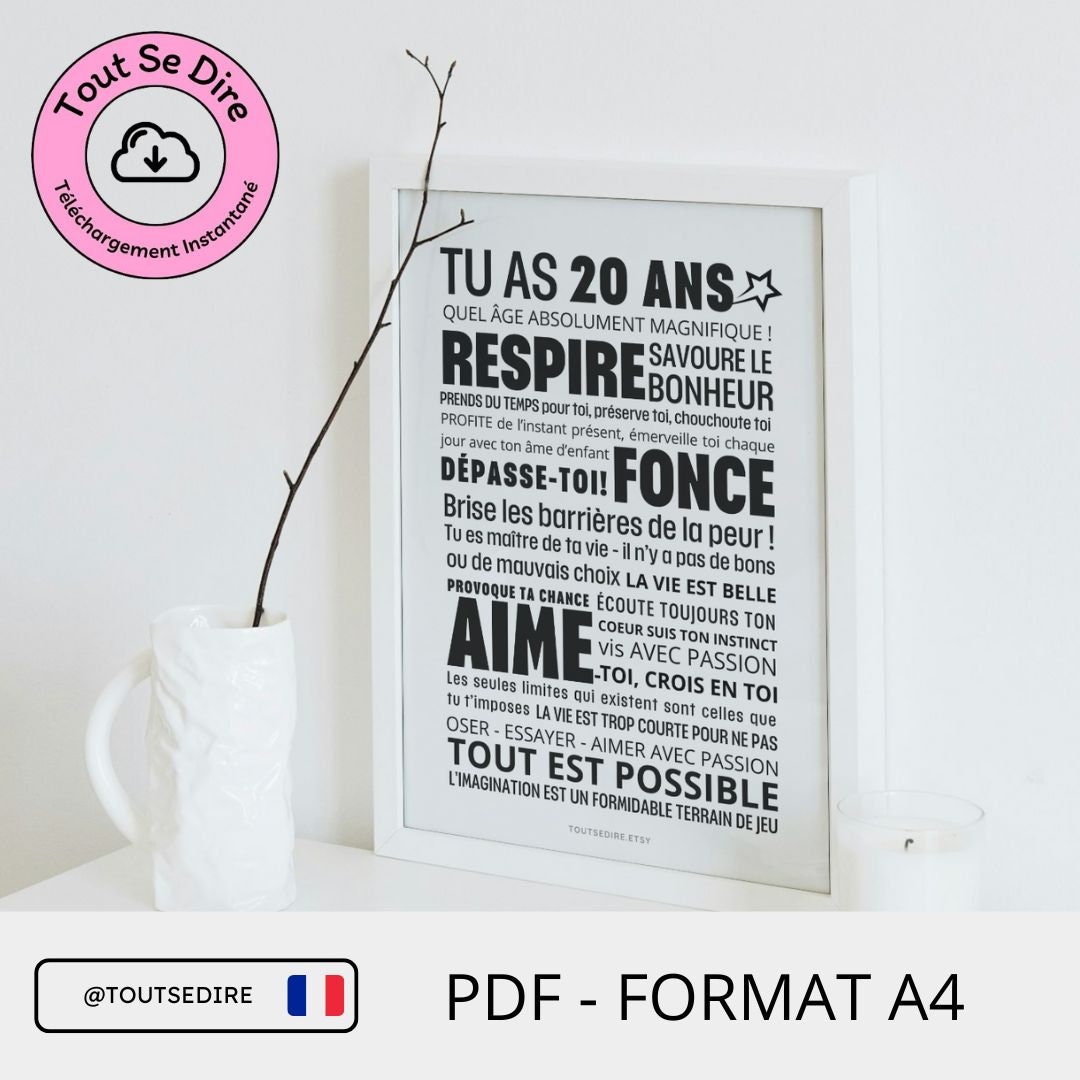 Instant Download French A4 Poster Card for 20th Birthday Girl or Boy to ...