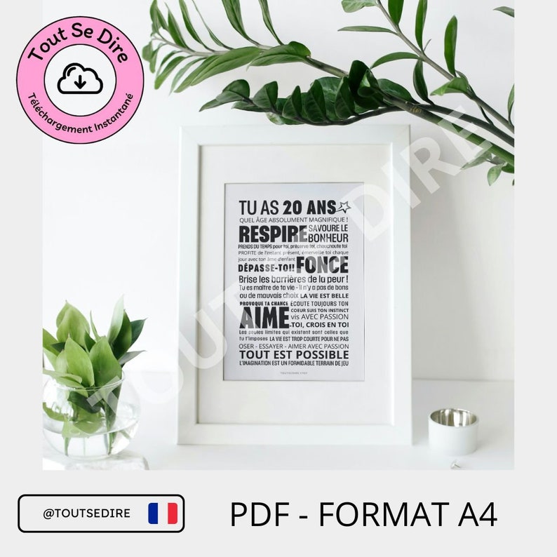 Instant Download French A4 Poster Card for 20th Birthday Girl or Boy to ...