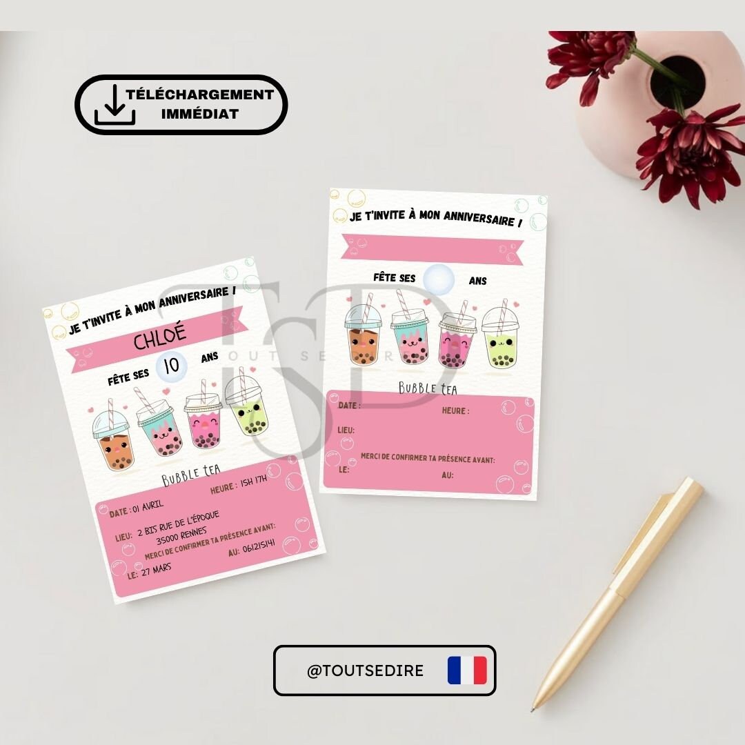Digital Download French Invitation Card Bubble Tea Kawaii Birthday ...