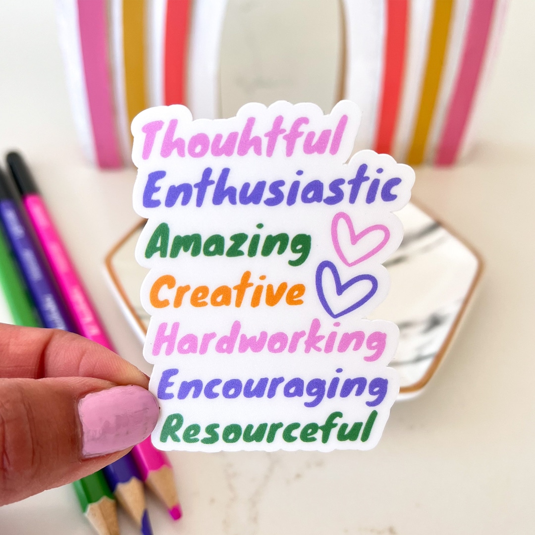 Colorful Teacher Appreciation Sticker, Positive Words Rainbow ...