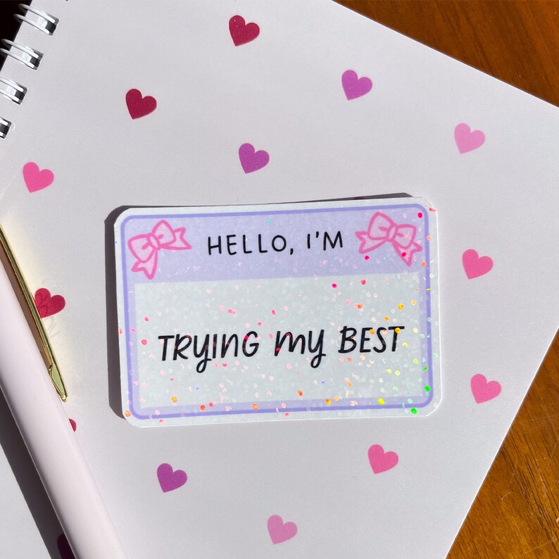 Cute Coquette Pink Bow Waterproof Sticker, Trying My Best, Pink and ...