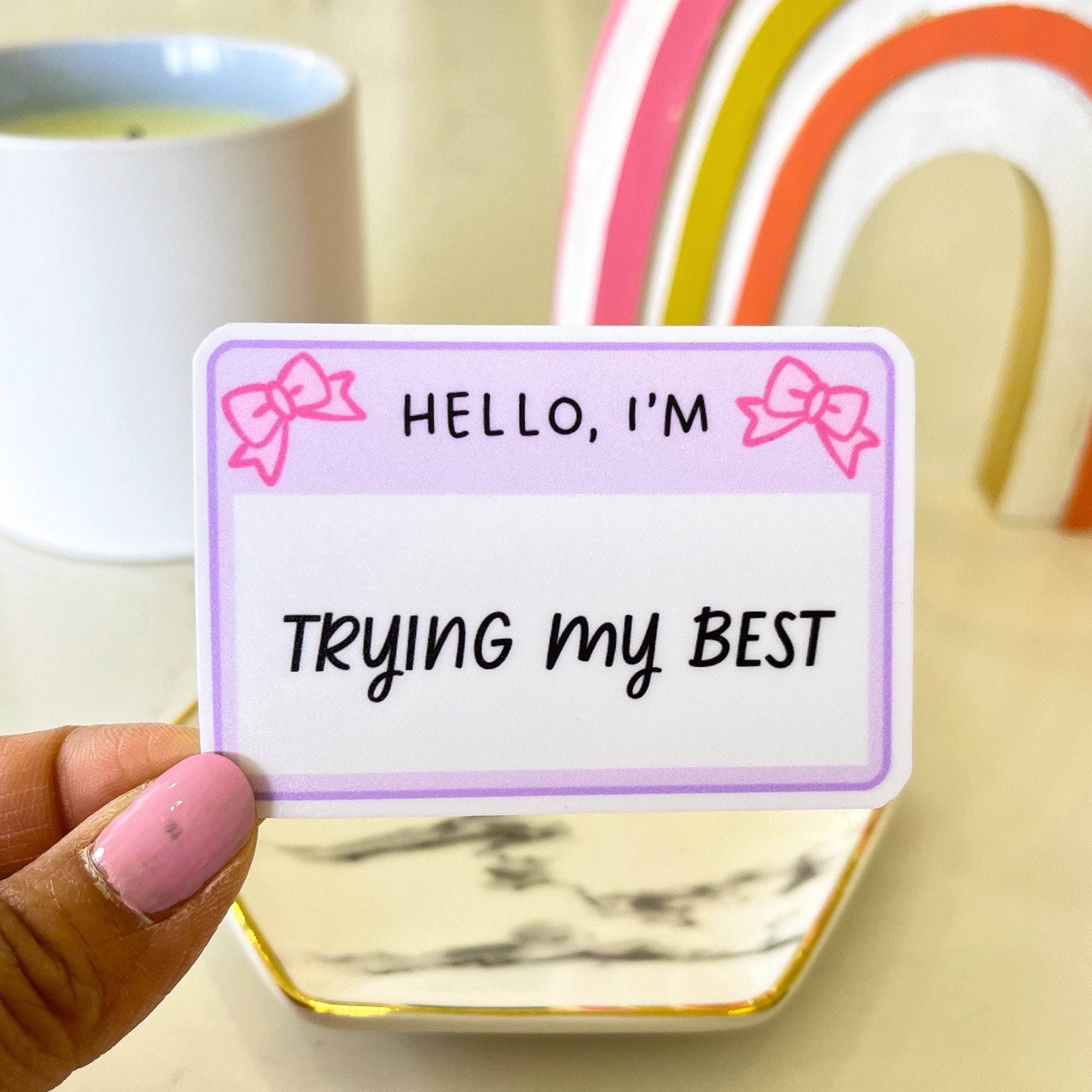 Cute Coquette Pink Bow Waterproof Sticker, Trying My Best, Pink and ...