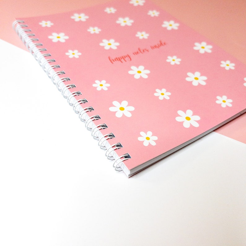 Pink Daisies Notebook, Happy Notes Inside Cute Spiral Notebook, Ruled ...