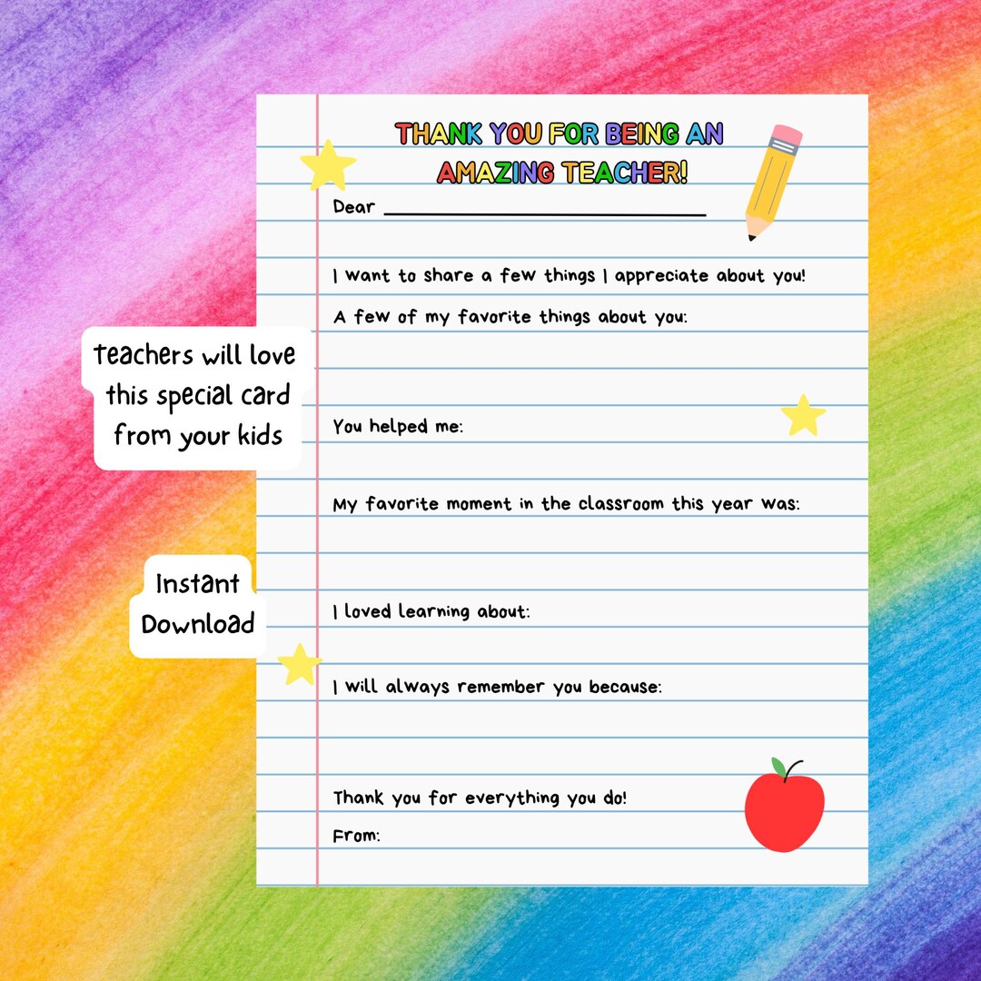 Teacher Appreciation Printable for Kids, Thank You Card for Teachers ...