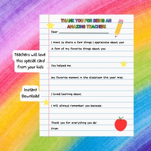 Teacher Appreciation Printable for Kids, Thank You Card for Teachers ...